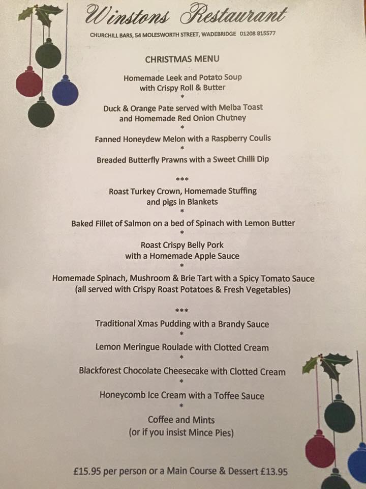 Menu at Winstons restaurant, Wadebridge
