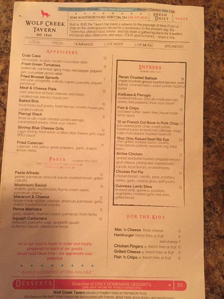Menu at Wolf Creek Tavern restaurant, Norton