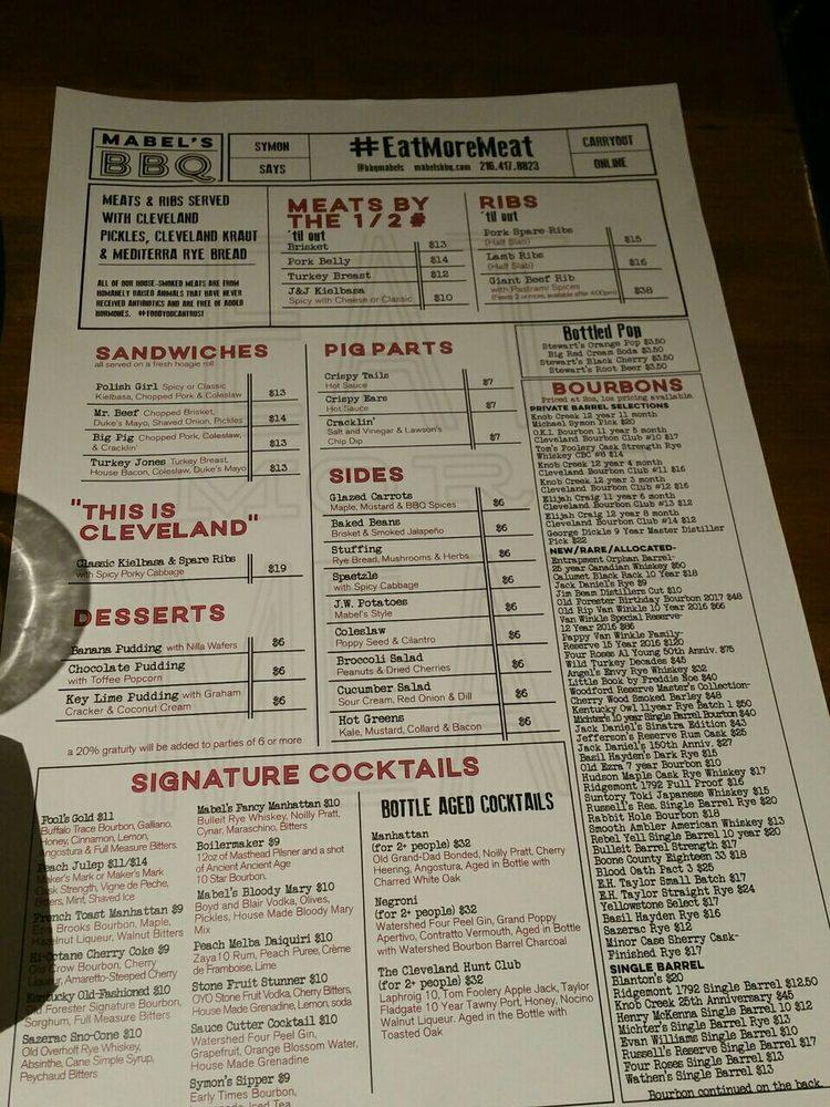 Menu at Mabel's BBQ, Cleveland