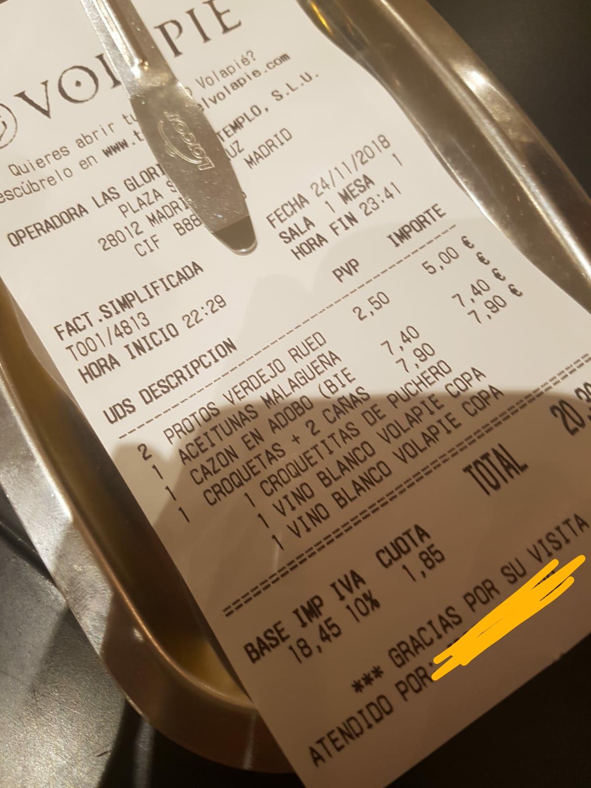 Carta del restaurante Volapié, Madrid, Plaza del Santa Cruz