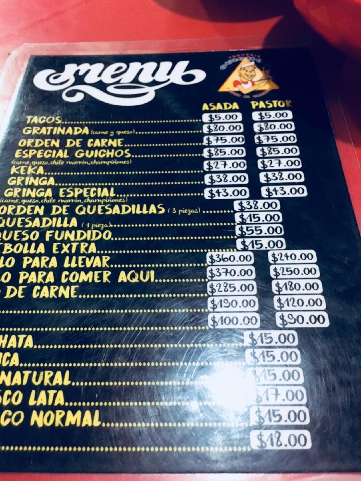 Carta del restaurante Taquería Güichos, Minatitlán