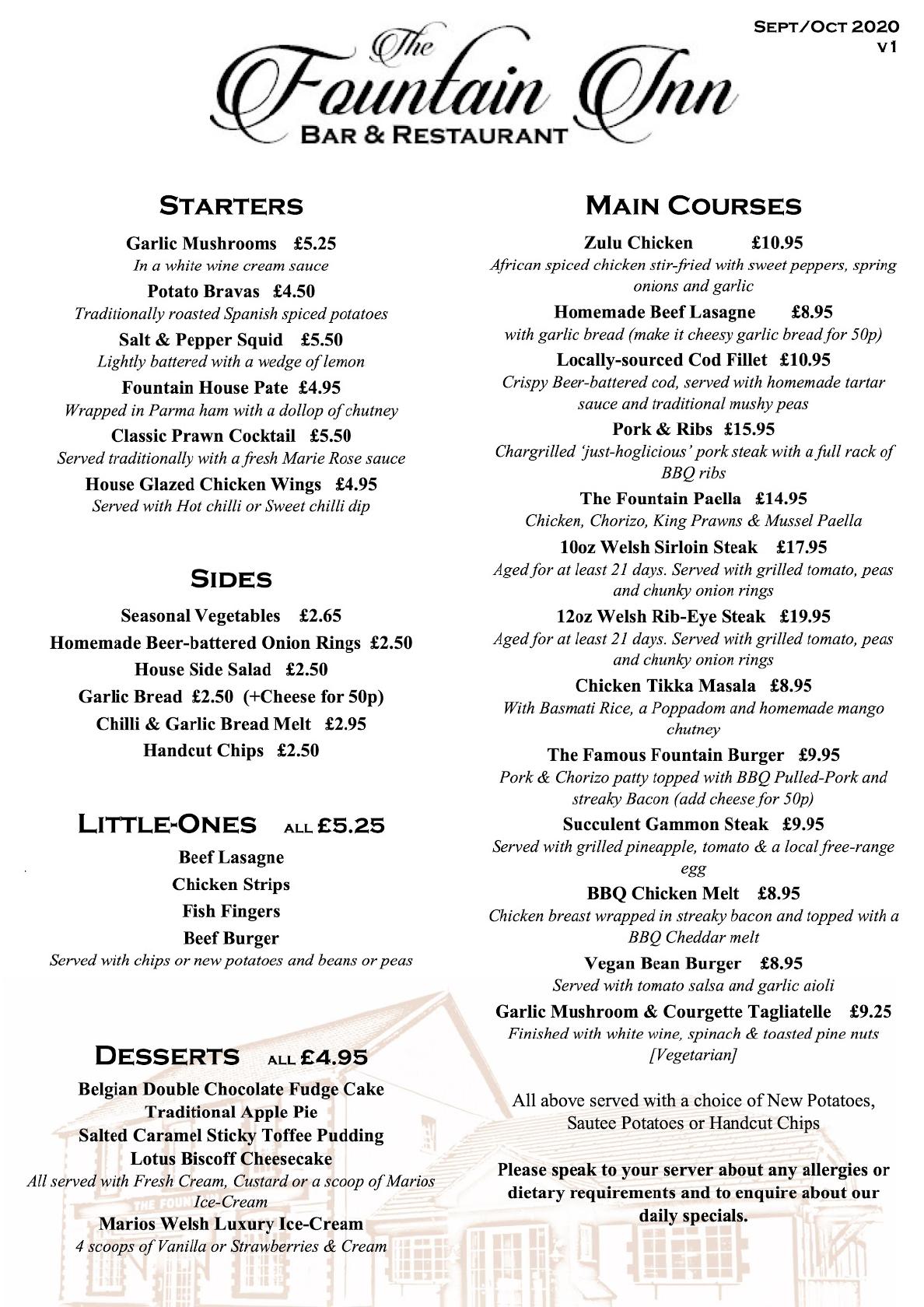 Menu at The Fountain restaurant, Bridgend