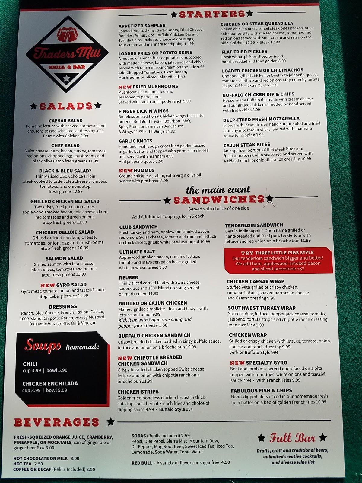 Menu at Trader's Mill Grill & Bar, Indianapolis, W 86th St