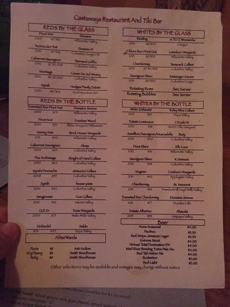 Menu at Castaways Global Cuisine restaurant, Cannon Beach
