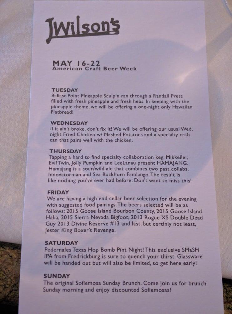 Menu at JWilson's pub & bar, Beaumont