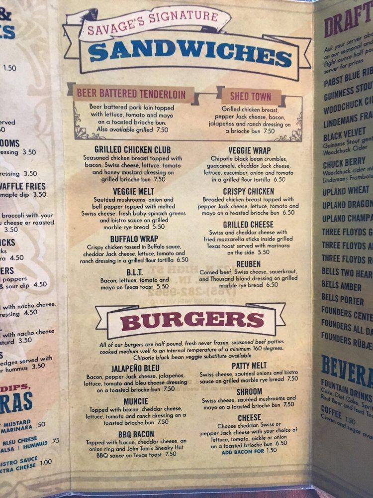 Menu at Savage's Ale House pub & bar, Muncie