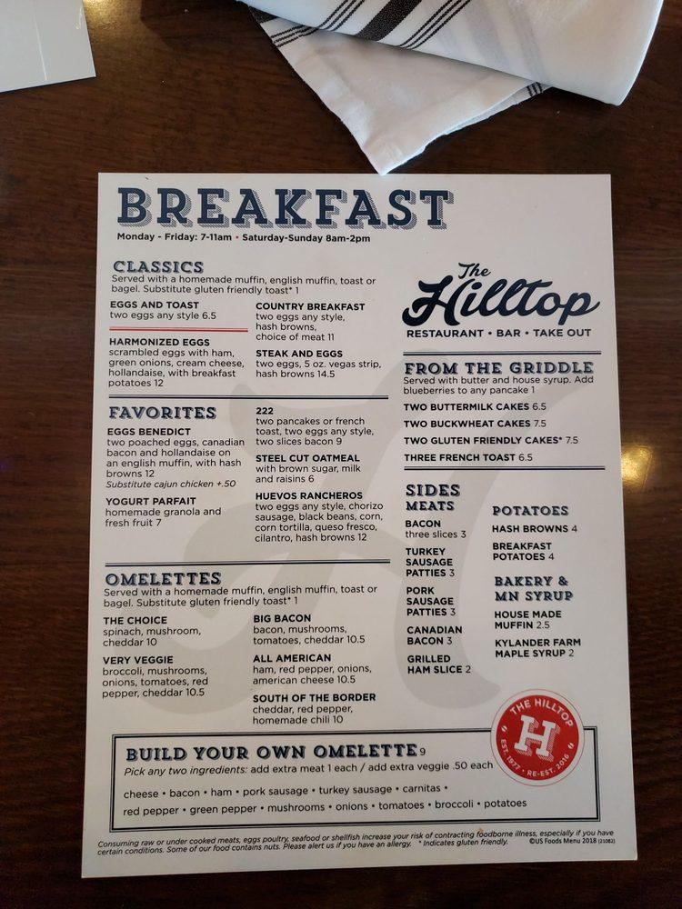 Menu at The Hilltop pub & bar, Edina, Arcadia Ave