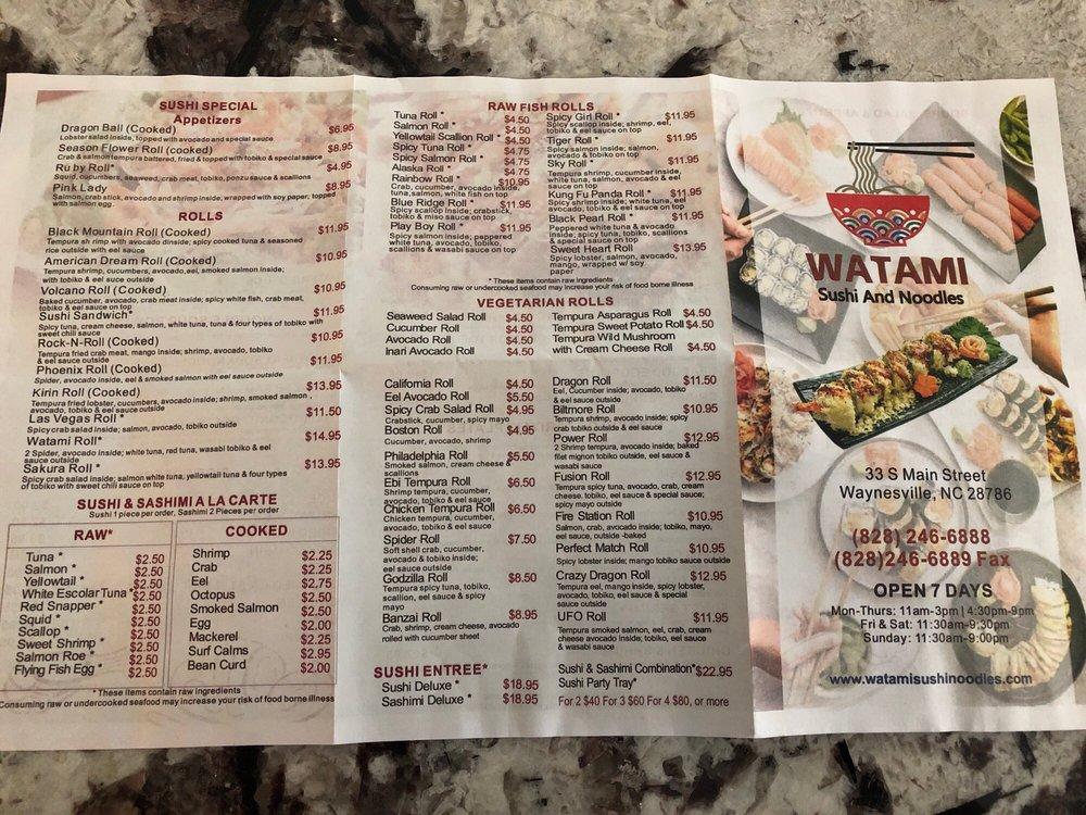 Menu at Watami Sushi & Noodles restaurant, Waynesville