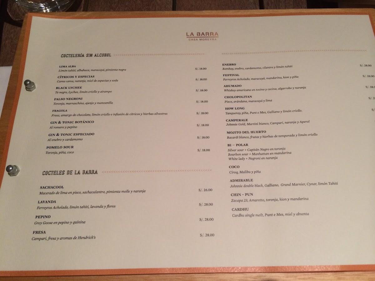 Menu at Astrid y Gastón restaurant, Lima