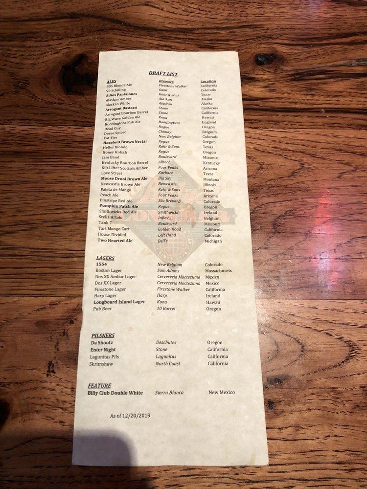 Menu at Billy's Long Bar, Albuquerque