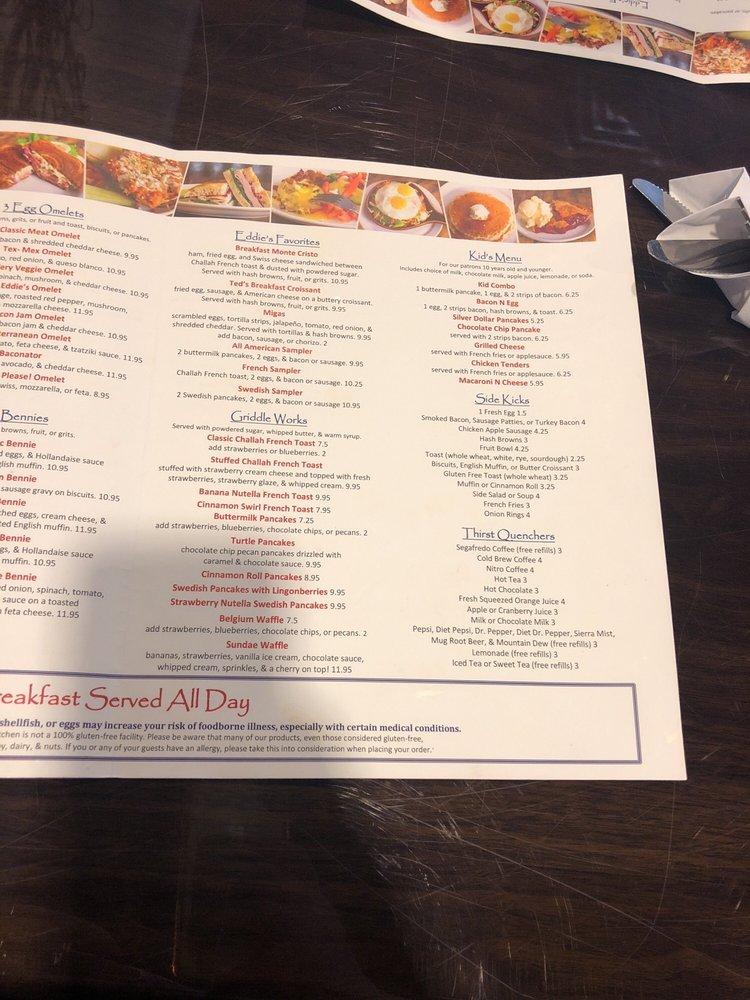 Menu at Eddie's Diner restaurant, Plano