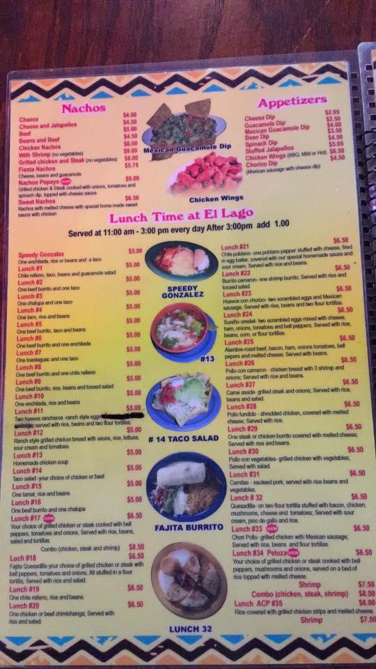 Carta de El Lago Mexican Restaurant, Lake Lure, 119 Arcade St