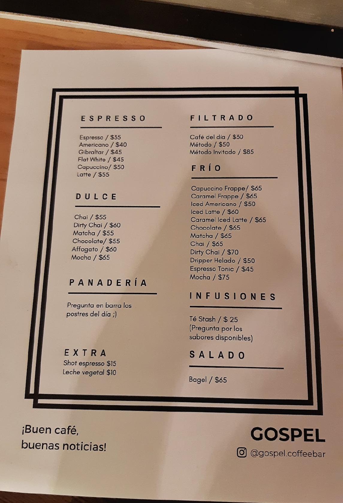 Carta de Gospel Café de Especialidad, Heroica Puebla de Zaragoza