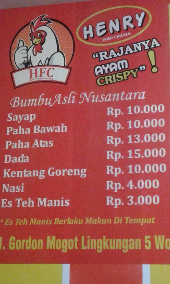 Menu at HENRY FRIED Chicken - HFC fast food, Tomohon