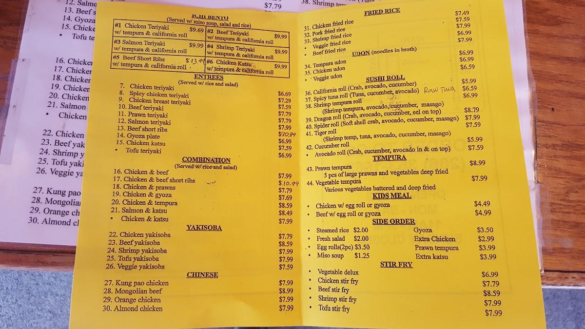 Menu at Ichi Bento restaurant, Shoreline