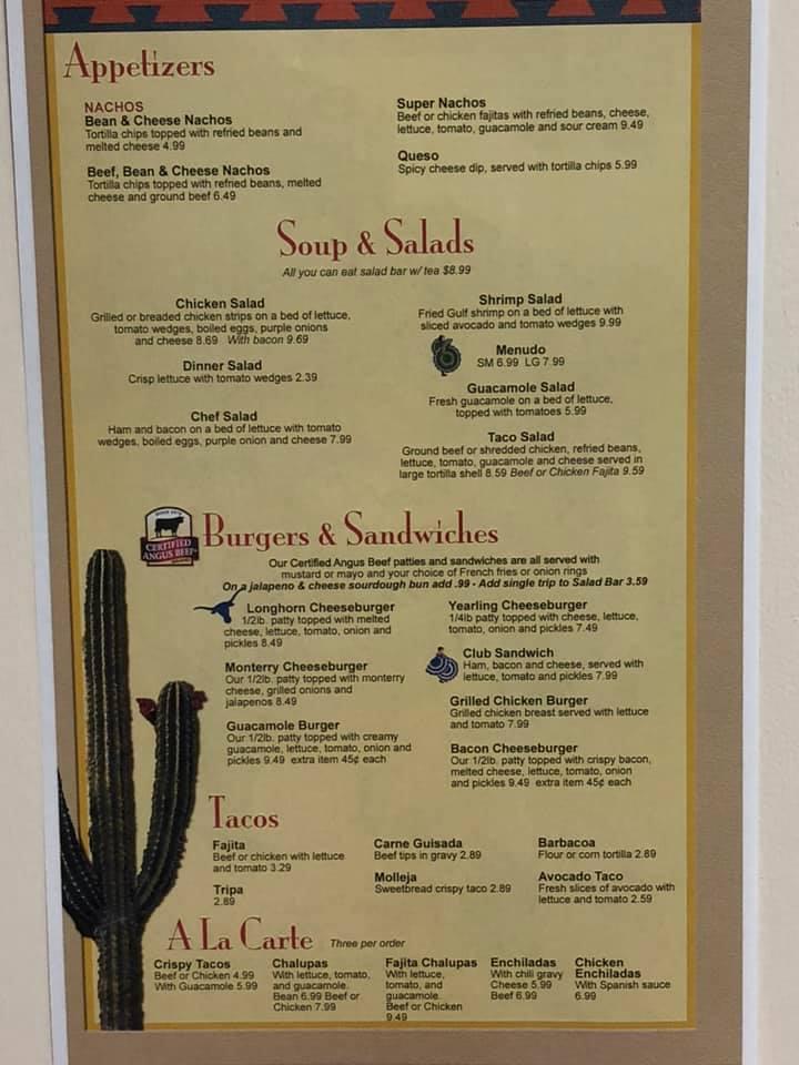 Menu at Tres Hermanas restaurant, George West, Hwy 281 (physical