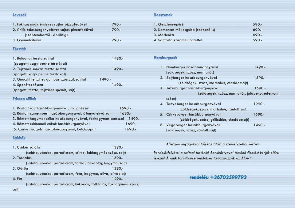 Menu at Pizzatanya restaurant, Ács