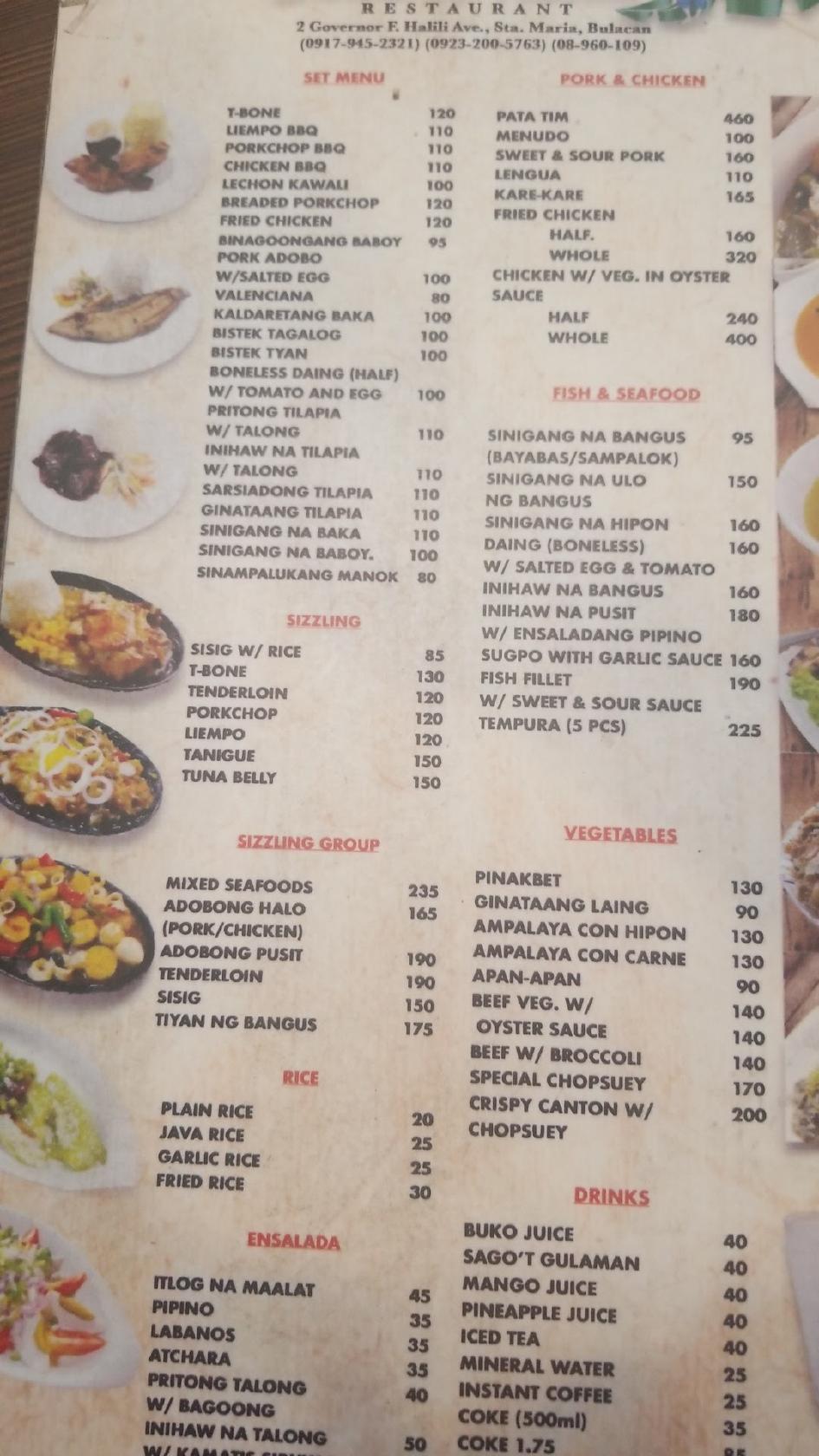 Menu at Sarsa At Inihaw restaurant, Santa Maria, 2 Gov Fortunato Halili Ave