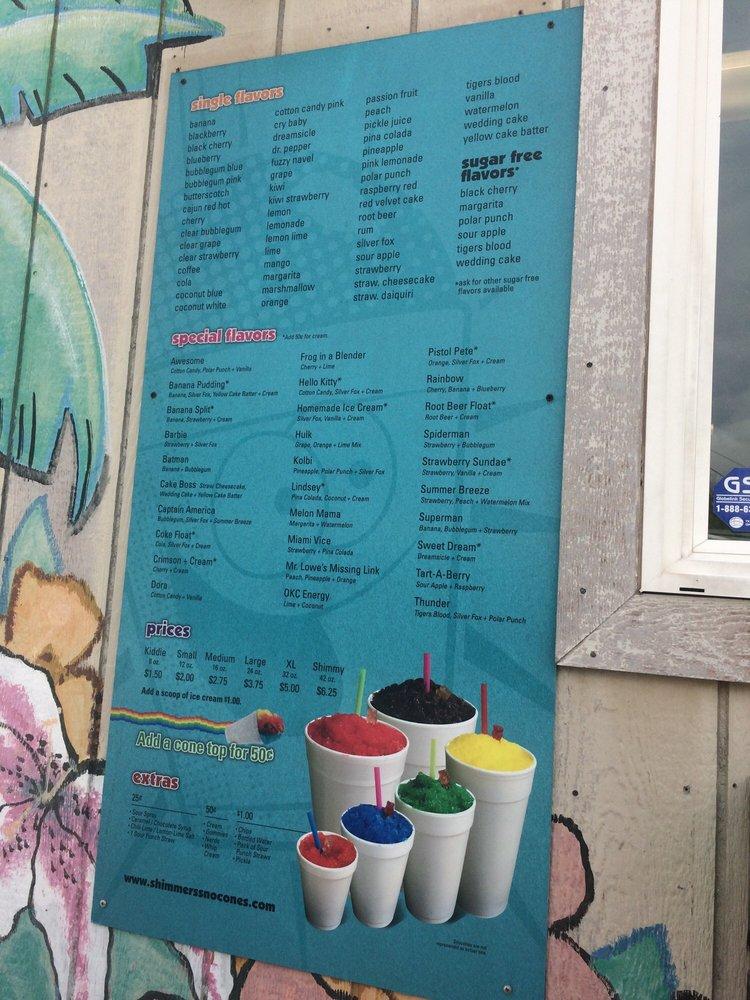 Menu at Shimmers Sno Cones desserts, Oklahoma City, N May Ave