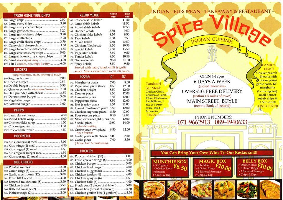 Menu at Spice Village restaurant, Ireland, Main Street Boyle