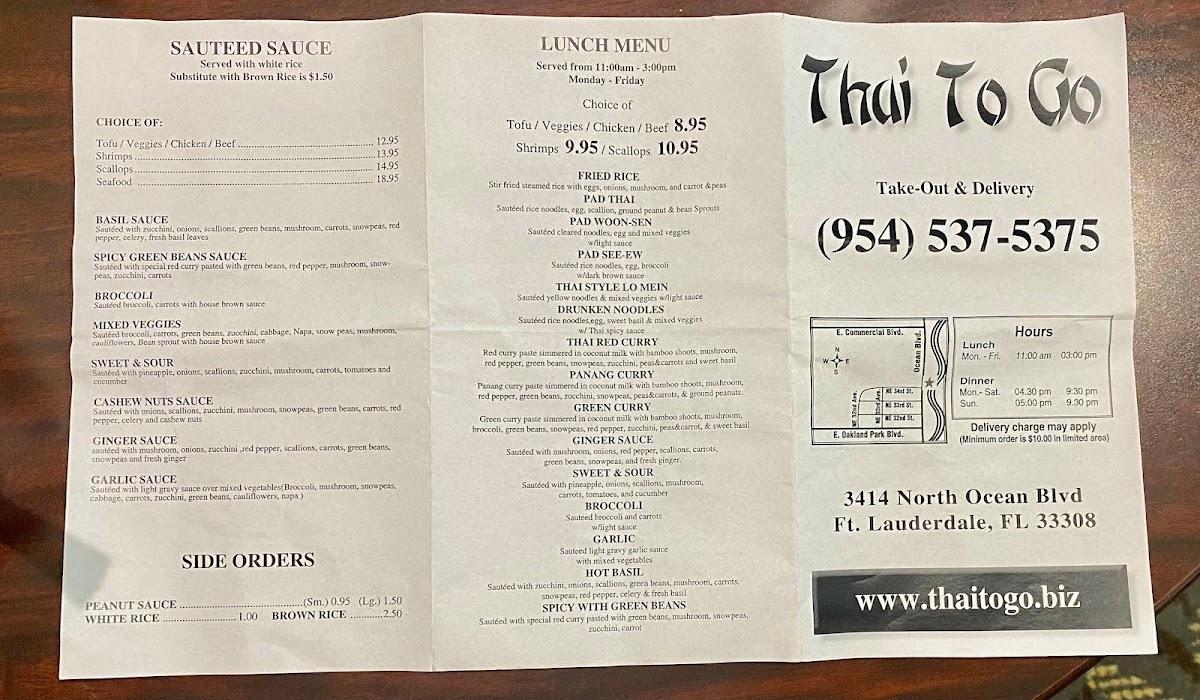 Menu at Thai To Go restaurant, Fort Lauderdale