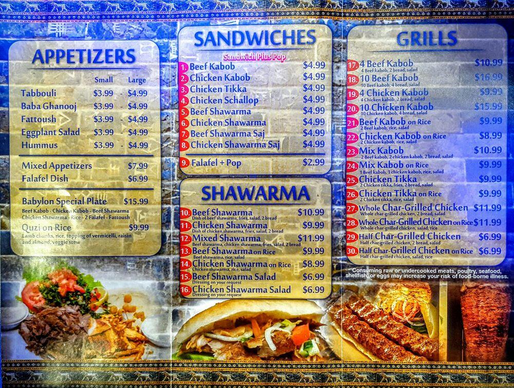 Menu at Babylon restaurant, Harrisonburg