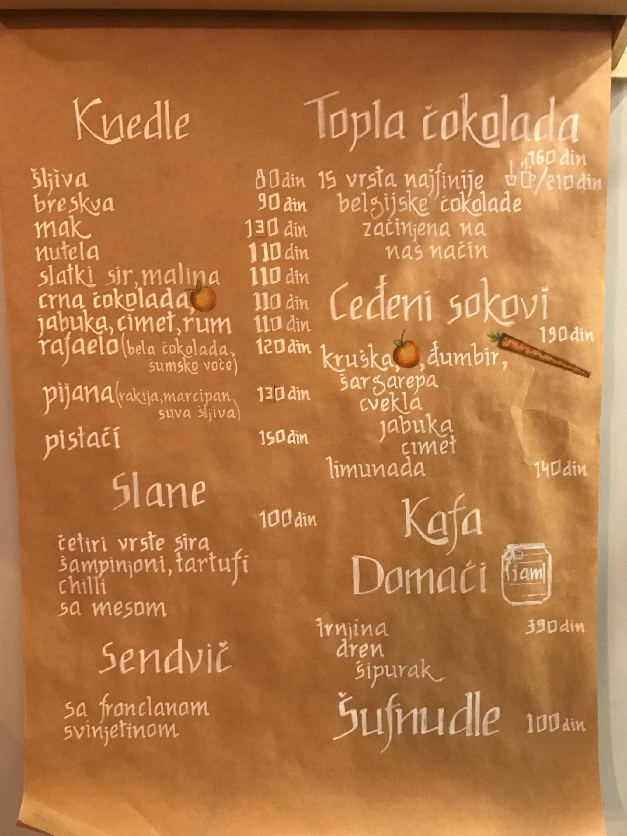 Menu at Ferdinand knedle restaurant, Belgrade, Gavrila Principa 58
