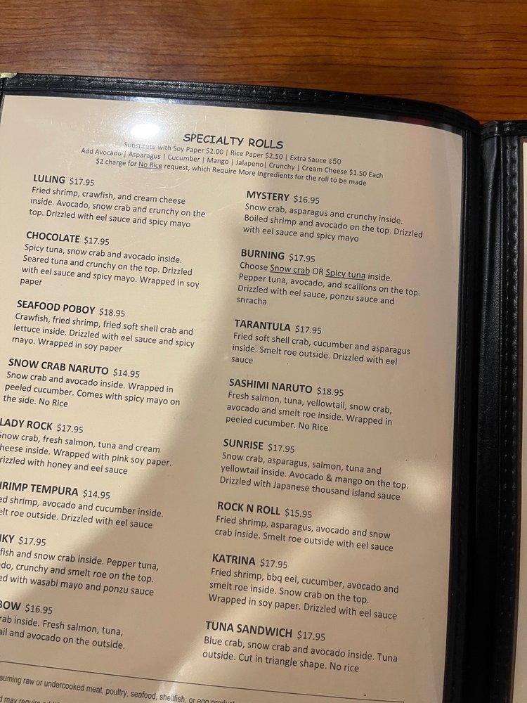 Menu at Fujiyama restaurant, Luling