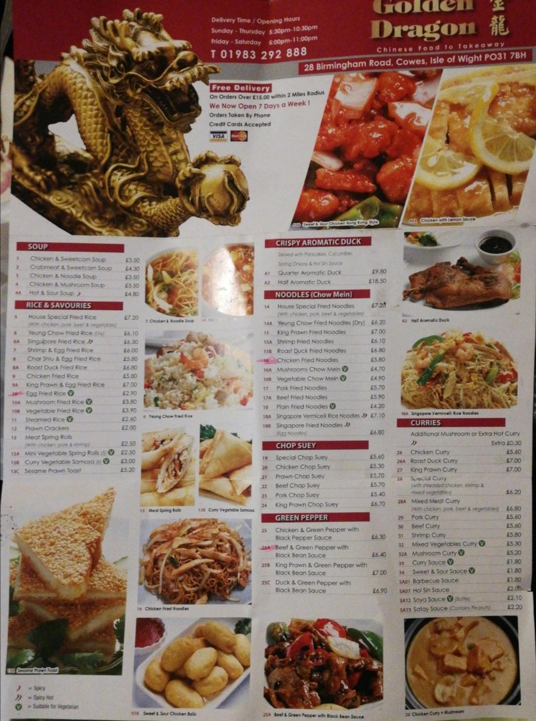 Menu at Golden Dragon restaurant, Cowes