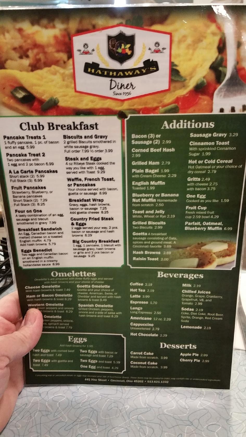 Menu at Hathaway's Diner restaurant, Cincinnati