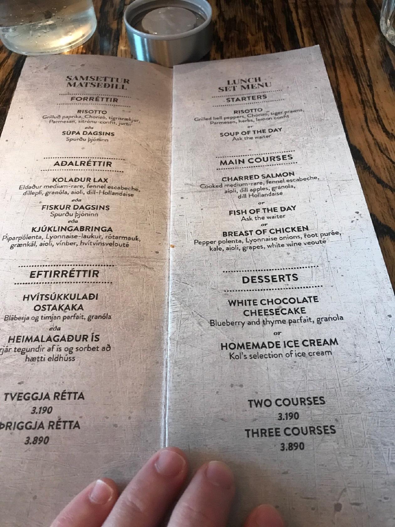 Menu at Kol Restaurant, Reykjavík