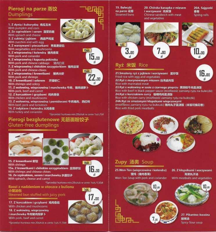 Menu at Mei Yuan restaurant, Warsaw