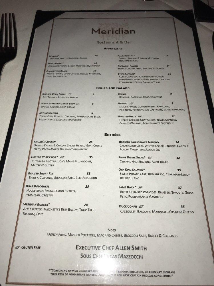 Menu at Meridian Restaurant & Bar, Indianapolis