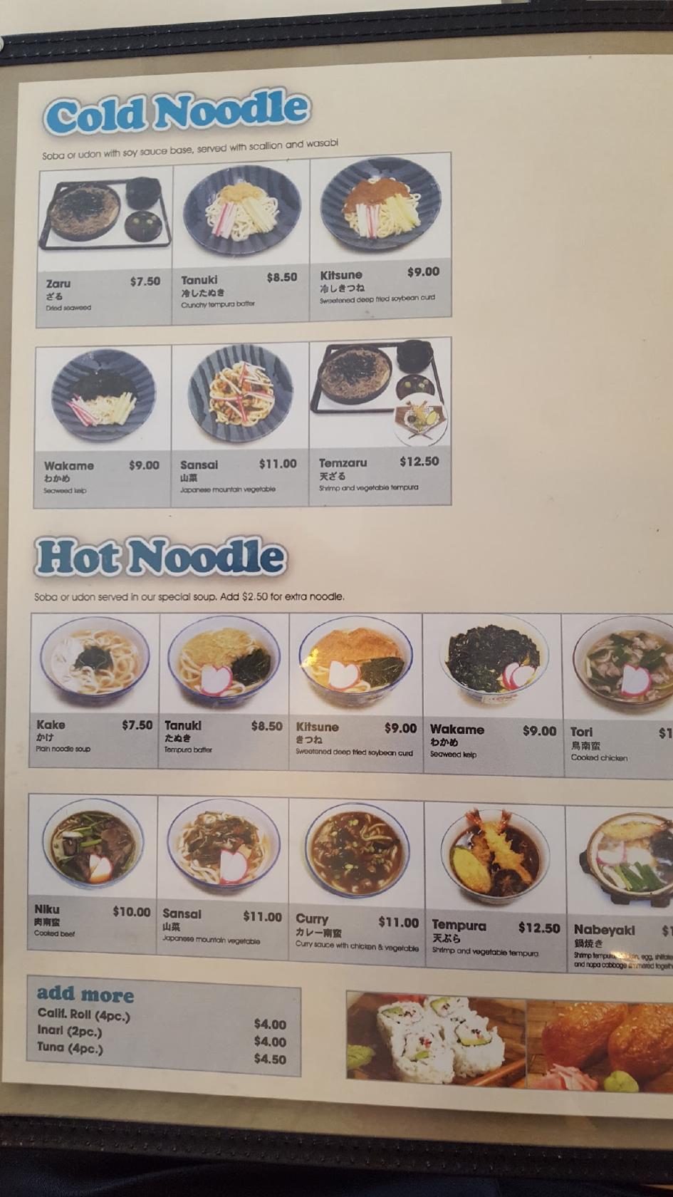 Menu at Ozeki Noodle restaurant, Oxnard