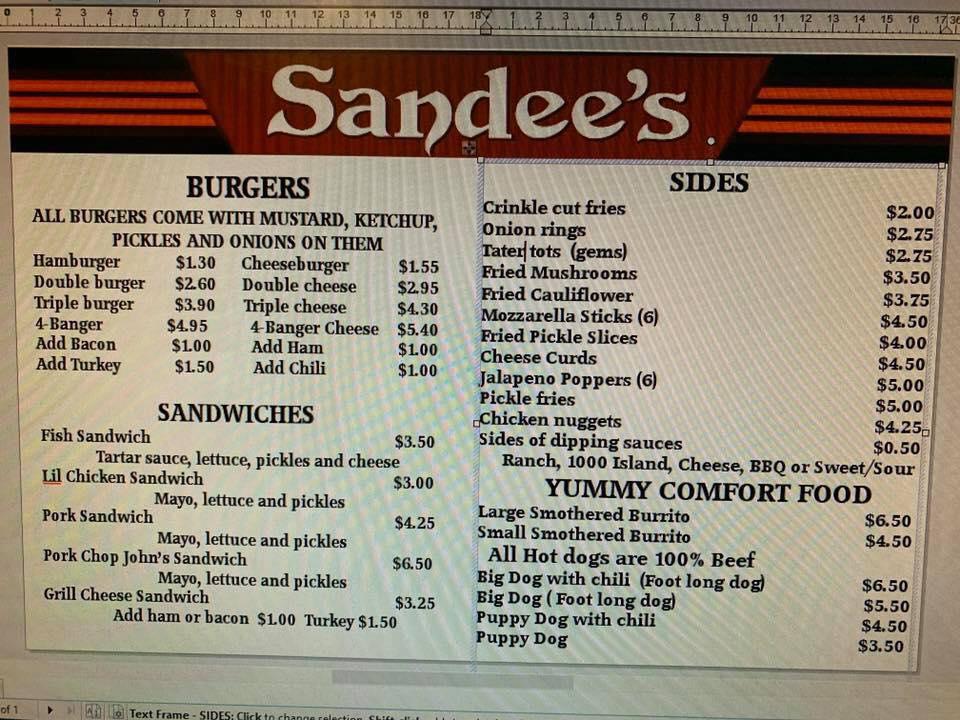Menu at Sandee's Drive Inn fast food, Billings, S 27th St