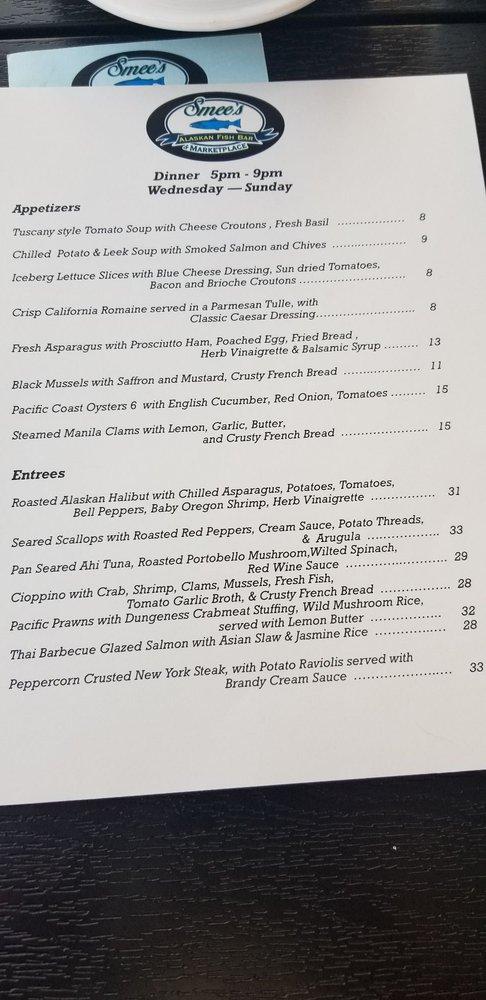 Menu at Smee's Alaskan Fish Bar & Market Place, Reno, 50 N Sierra St
