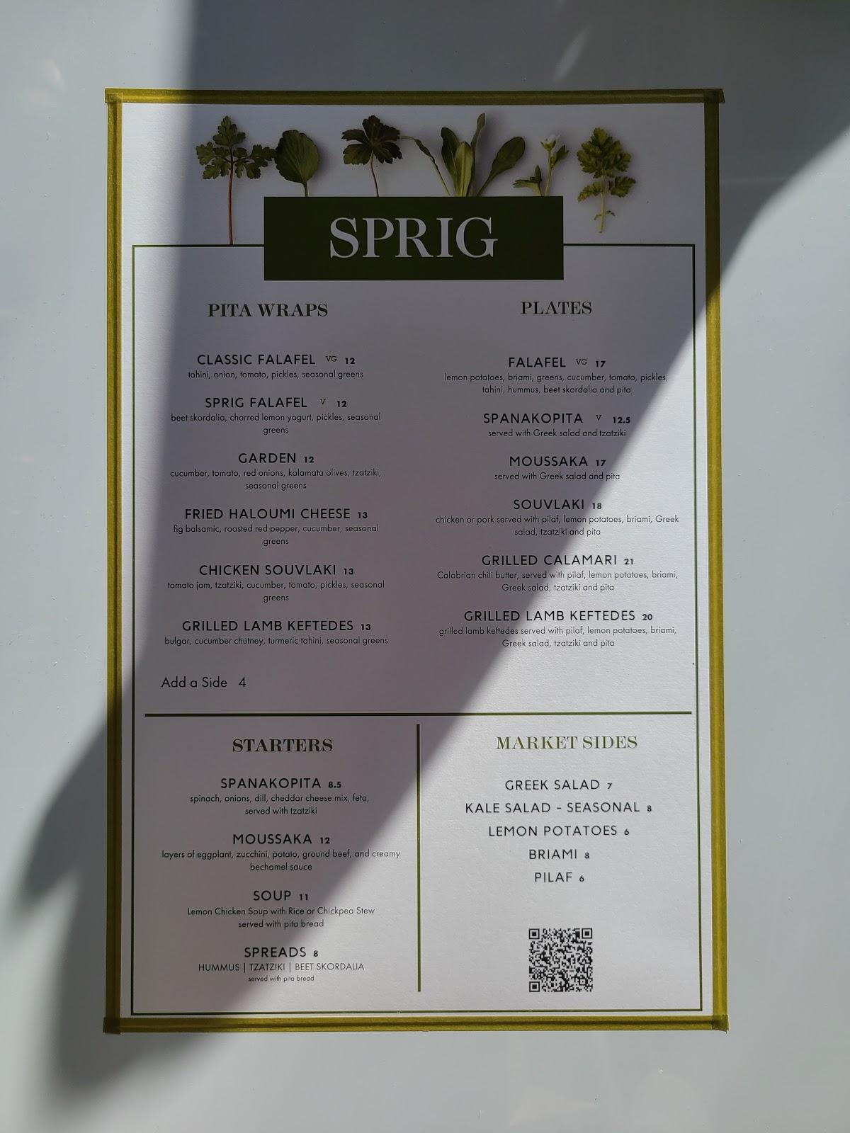 Menu at Sprig Contemporary Greek Kitchen restaurant, Vancouver
