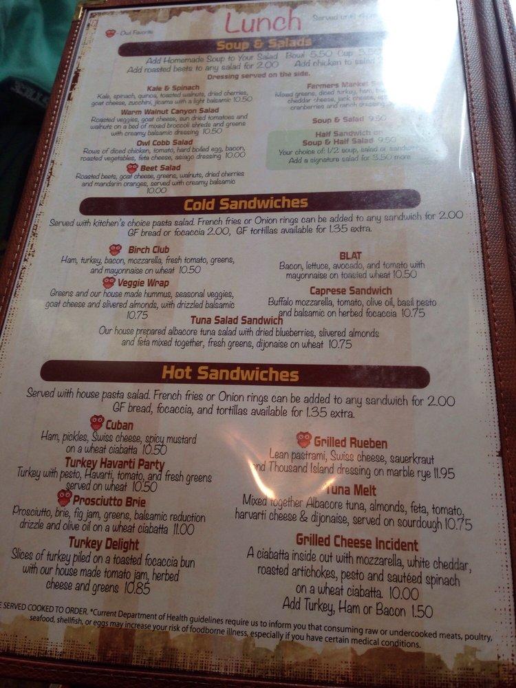 Menu at The Toasted Owl Cafe, Flagstaff