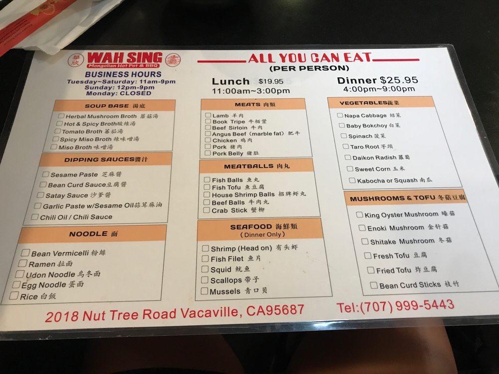 Menu at Wah Sing Mongolian BBQ & Hot Pot, Vacaville, Nut Tree Rd