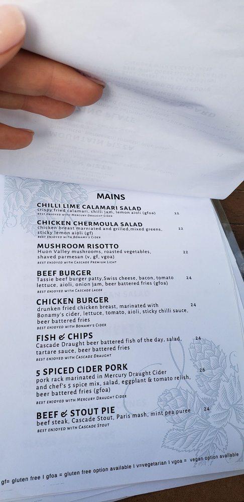 Menu at Cascade Brewery Bar, South Hobart