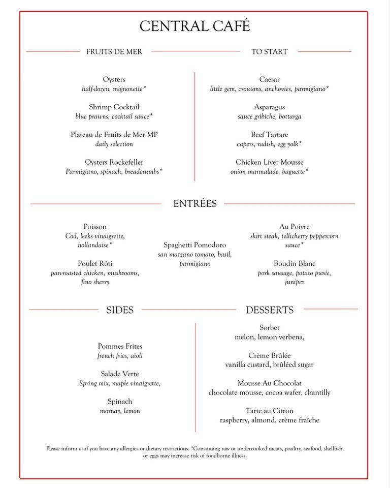 Menu at Central Cafe, Saint Johnsbury