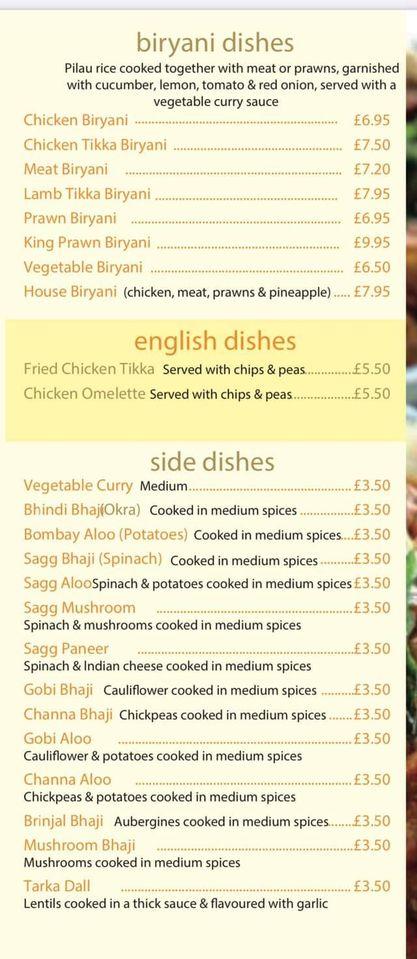 Menu at Chutney restaurant, Sheffield