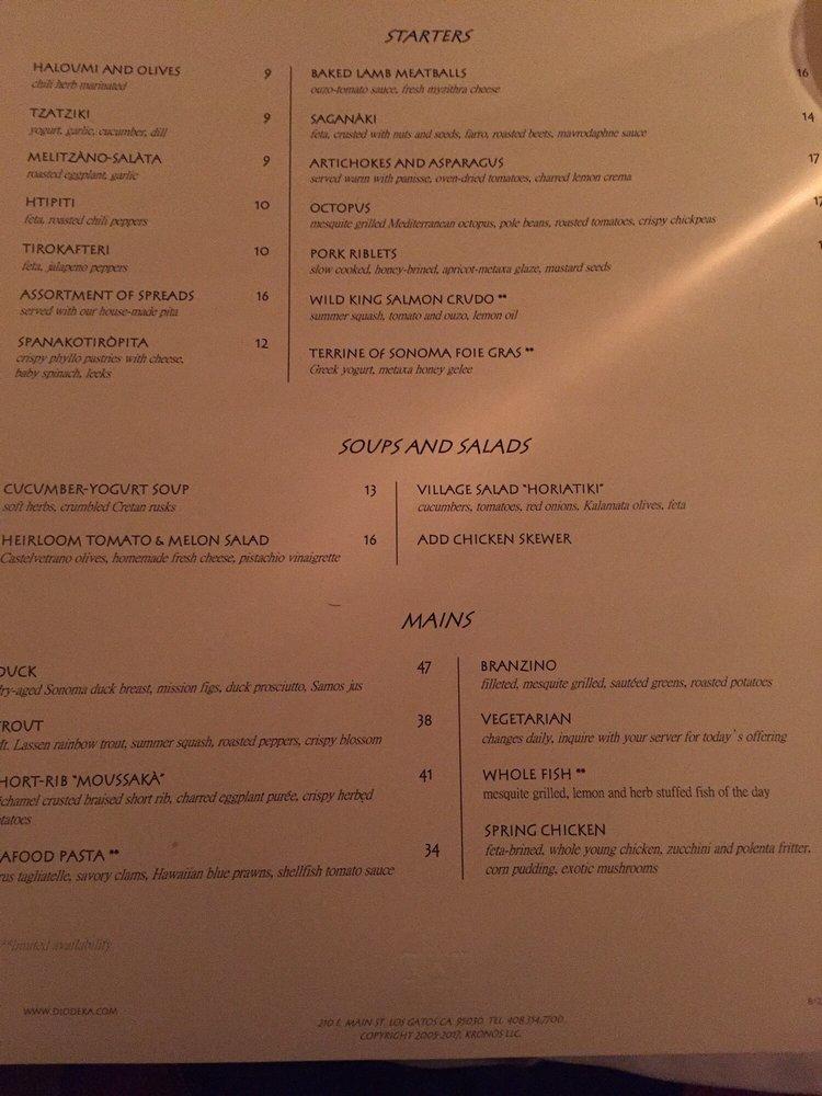 Menu at Dio Deka steakhouse, Los Gatos