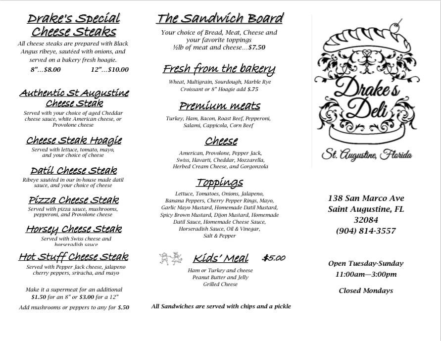 Menu at Drake's Deli restaurant, St. Augustine