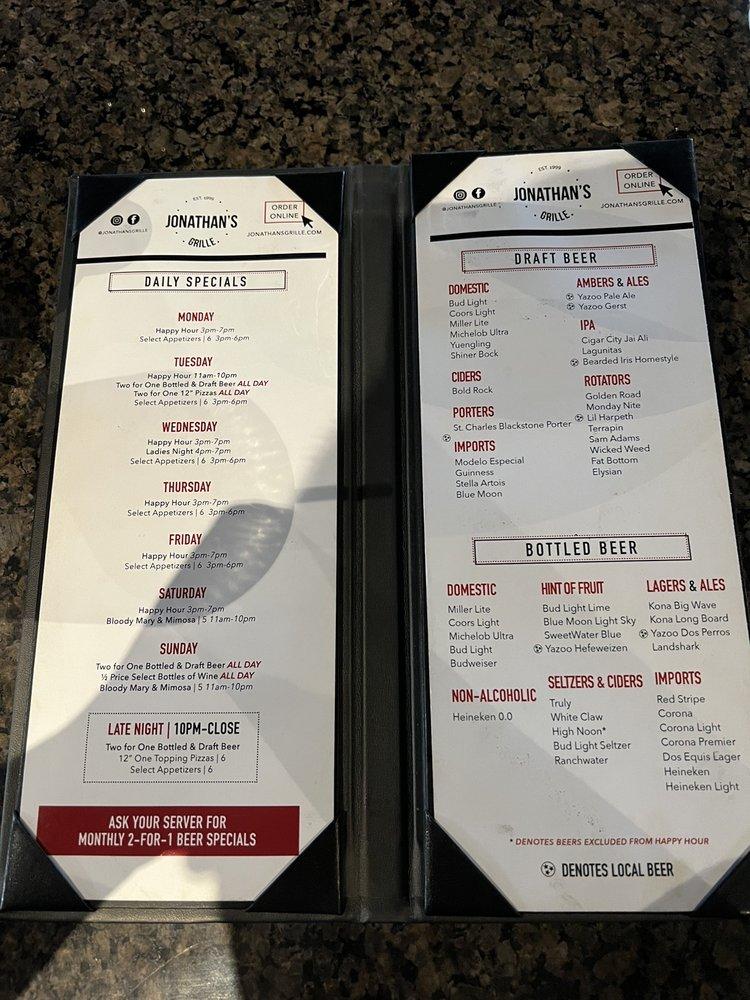 Menu at Jonathan's Grille pub & bar, Nashville, 717 3rd Ave N
