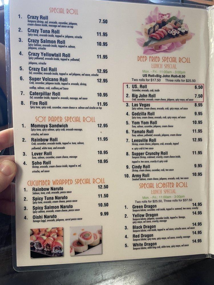 Menu at Momoya Ramen and Sushi restaurant, Salina