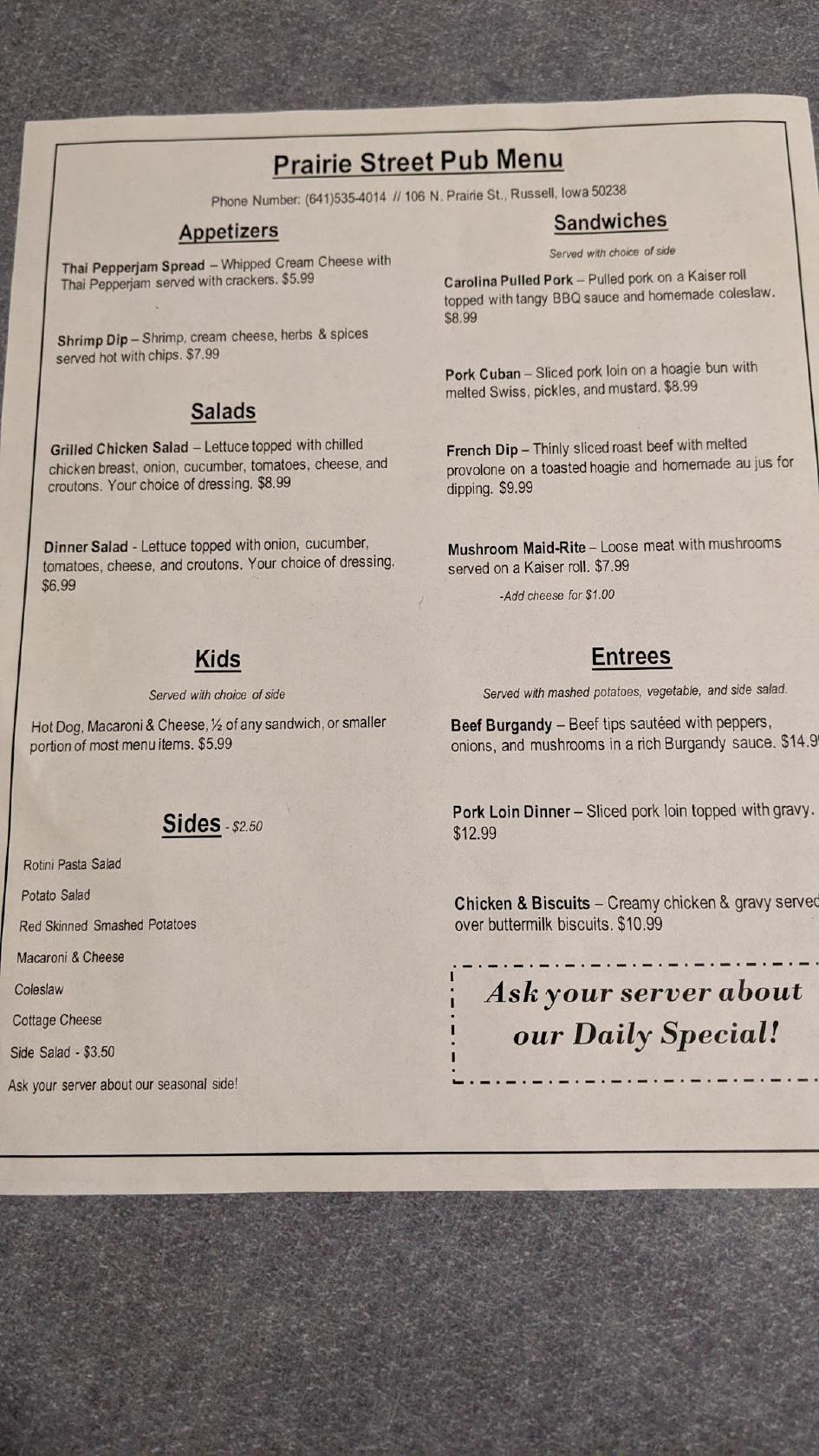 Menu at Prairie Street Pub, Russell