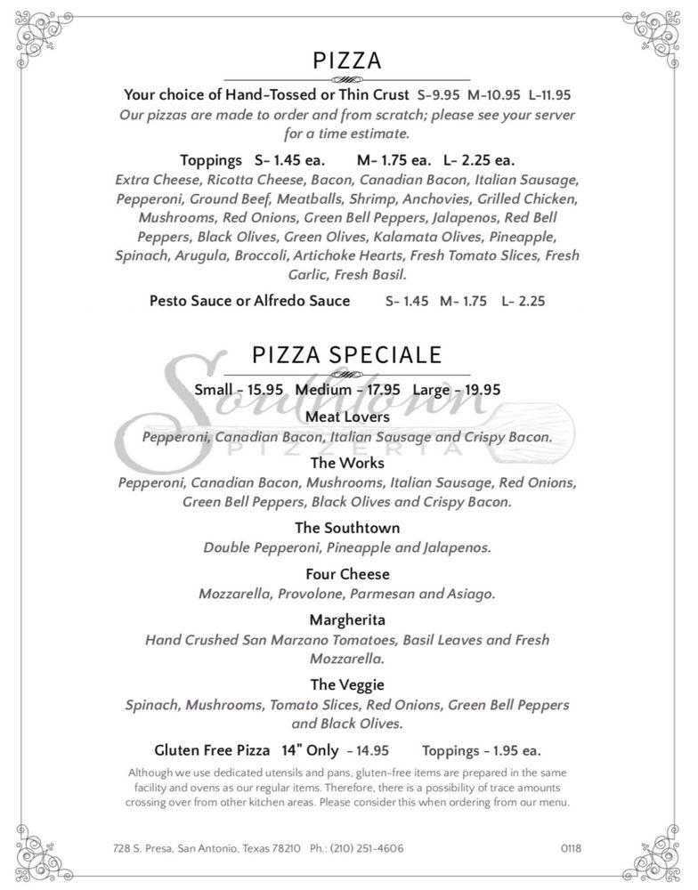 Menu at Southtown Pizzeria, Italian Cuisine, San Antonio, 728 S Presa St
