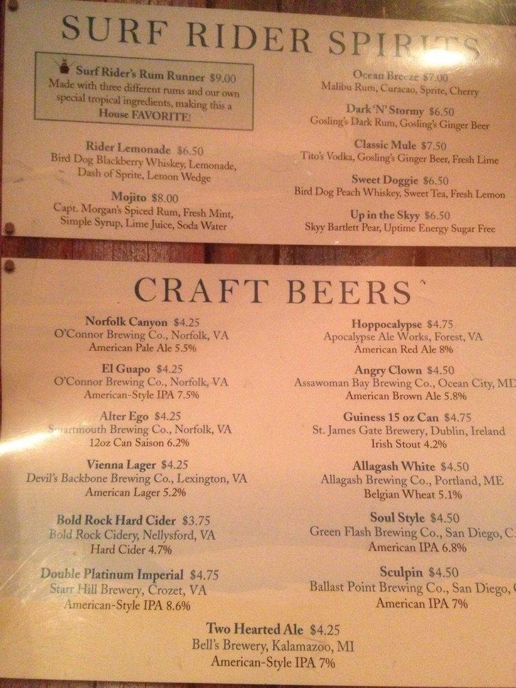 Menu at Surf Rider restaurant, Chesapeake, Old Taylor Rd
