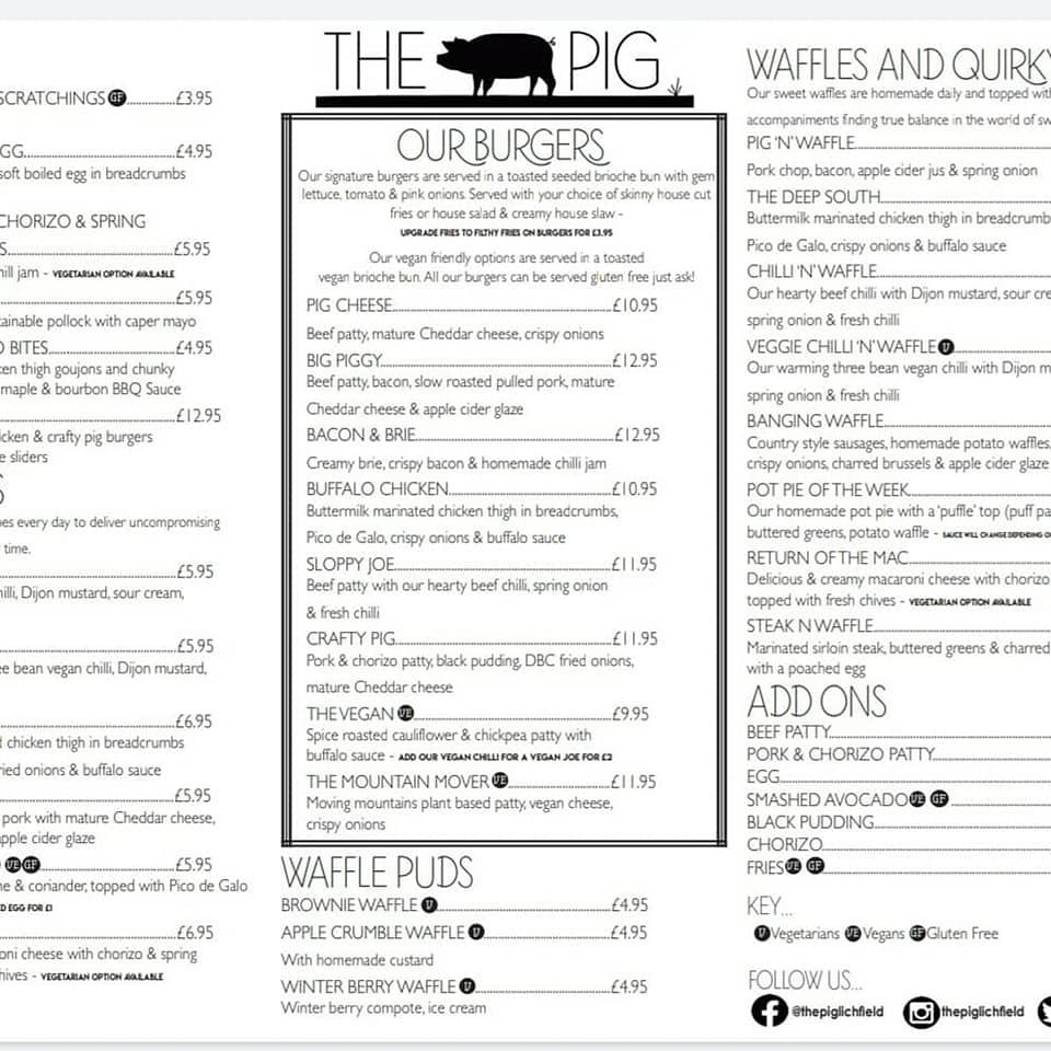 Menu at The Pig Lichfield pub & bar, Lichfield